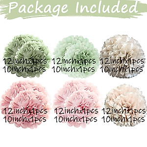 Tissue Paper Pom Poms Kit -Rose Pink and Sage Green Paper Flowers 12pieces for Gender Baby Shower Wedding Bridal Bachelorette Birthday Party Decorations (Green + Pink)