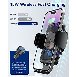 ZeeHoo Wireless Car Charger,15W Fast Charging Auto-Clamping Car Mount,Windshield Dash Air Vent Phone Holder for iPhone 15 14 13 12 Mini 11 Pro Max XS XR