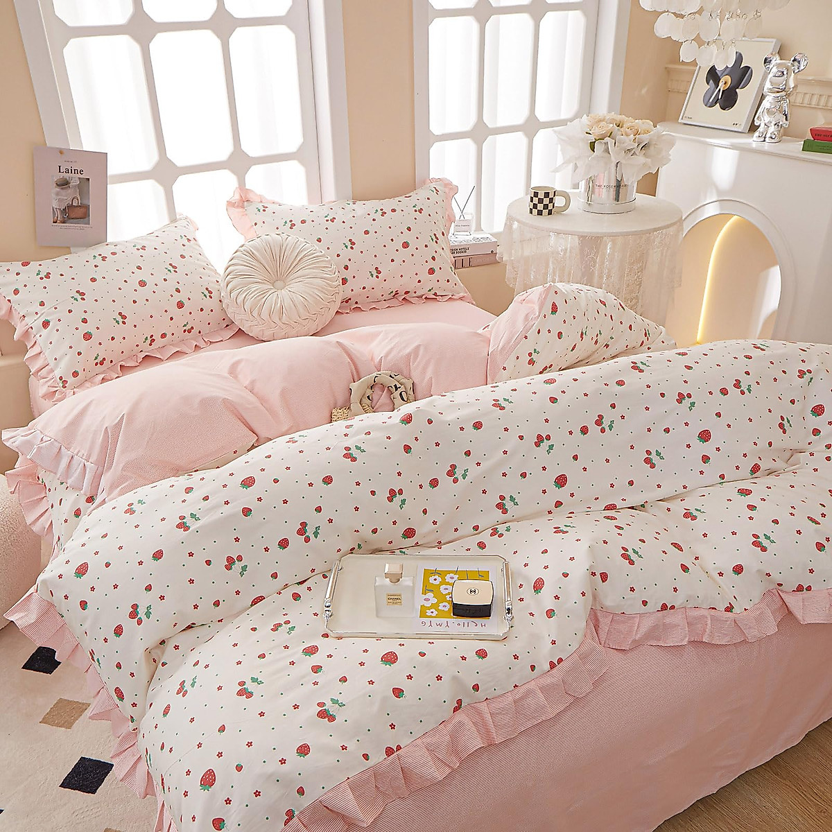 EAVD Kawaii Strawberry Duvet Cover Twin Girls Soft 100% Cotton Cute Ruffle Strawberry Bedding Set with 2 Pillowcases Chic Romantic Strawberry Print Ruffled Comforter Cover with Zipper Closure