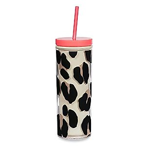 Kate Spade New York Insulated Tumbler with Reusable Straw, Leopard Print 20 Ounce Acrylic Travel Cup with Lid, Forest Feline