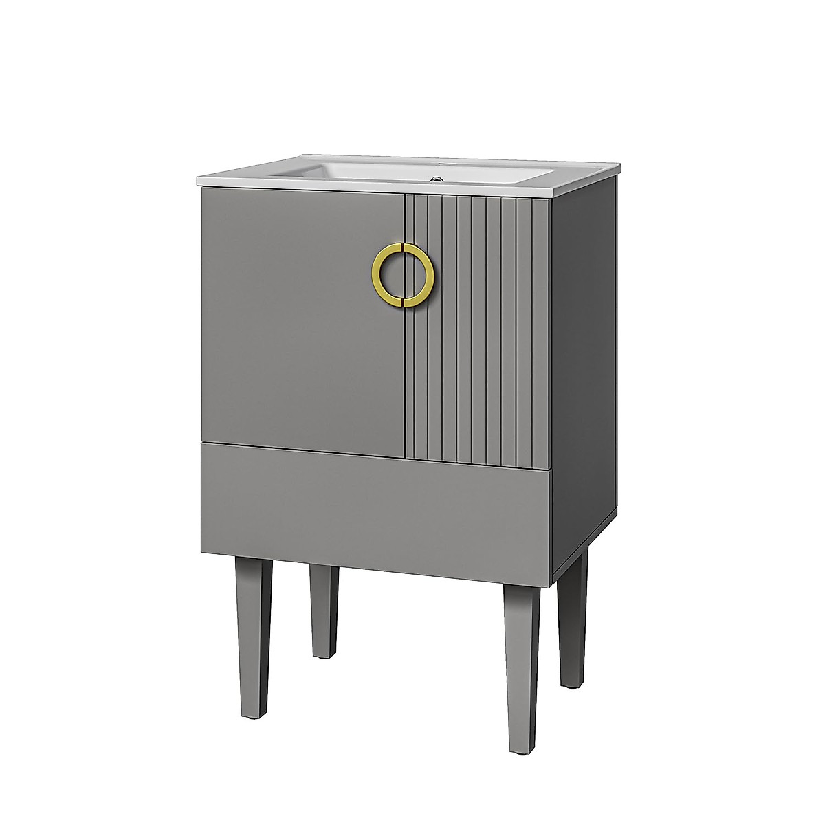 SSLine Free Standing 24-Inch Bathroom Vanity with Ceramic Sink Modern Small Bathroom Vanity with Top Basin and Storage Cabinet Floor Stand Wood Bath Vanity w/Gold Handles for Small Space(Grey)