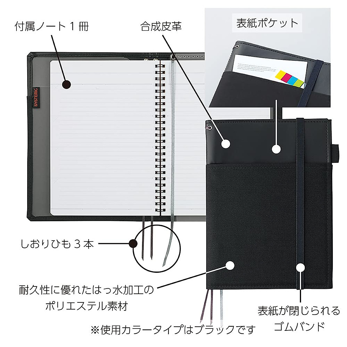 KOKUYO Systemic Synthetic Leather Cover Notebook, with One A5, B 6mm Ruled, 28 Lines, 50 Sheets, Twin Ring Edge Title Notebook, Gray, Japan Import (NO-V685B-M)