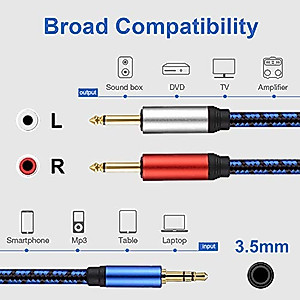 NC XQIN 3.5mm 1/8" TRS to Dual 6.35mm 1/4" TS Mono Stereo Y-Cable Splitter Cord Compatible for iPhone, iPod, Computer Sound Cards, CD Players, Multimedia Speakers and Home Stereo Systems 30FT