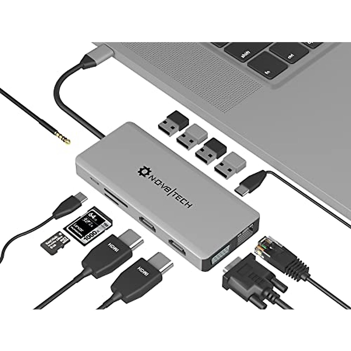 Nov8tech 13in1 USB C Docking Station Dual Monitor, USB C Hub with Dual HDMI, VGA, Ethernet, 5 Ports USB 3.0/2.0/C, 100W PD, TF/SD Card Reader, Audio, Compatible with MacBook, Laptops & Type C Devices