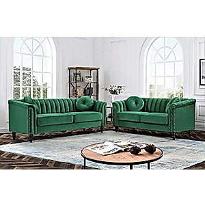 Container Furniture Direct Tufted Velvet Sofa with Removable Cushions and Turned Wood Legs, Elegant Living Room Furniture for The Modern Home, 61.4 Inch Loveseat, Green
