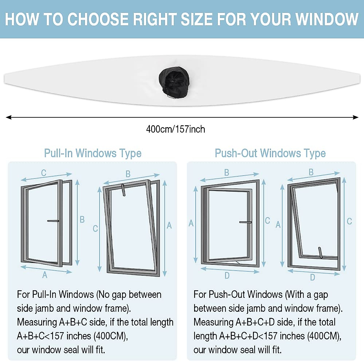 HOXHA Universal Window Seal for Portable Air Conditioner, 157 Inches Cloth Sealing AC Kit with Adjustable Coupler and Adhesive Fastener for Casement Windows, 400CM