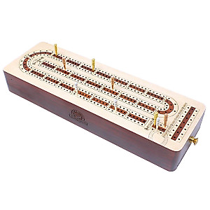 House of Cribbage Continuous Cribbage Board Alphabet e Shape Inlaid in Maple and Bloodwood with Storage Drawer for pegs and Cards - 3 Tracks