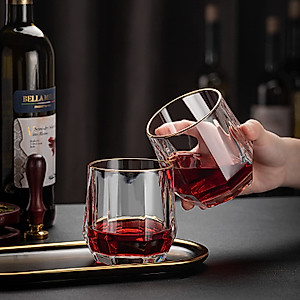 Gold Rim Stemless Wine Glasses , 6 Pack 10 oz Hand Blown Crystal Diamond Wine Glasses with 2 Wine Bottle Stoppers, Eventpartener Drinking Glasses, Elegant Glass Tumbler for Wine, Cocktail, Juice