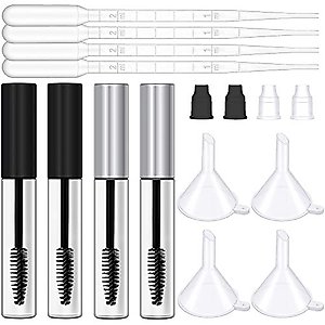 Benvo 4 Pcs 10ml Empty Mascara Tubes with Eyelash Wand Eyelash Cream Container with 4 Transfer Pipettes and 4 Funnels 4 Rubber Inserts for Castor Oil Brow Growth Serum DIY Cosmetics