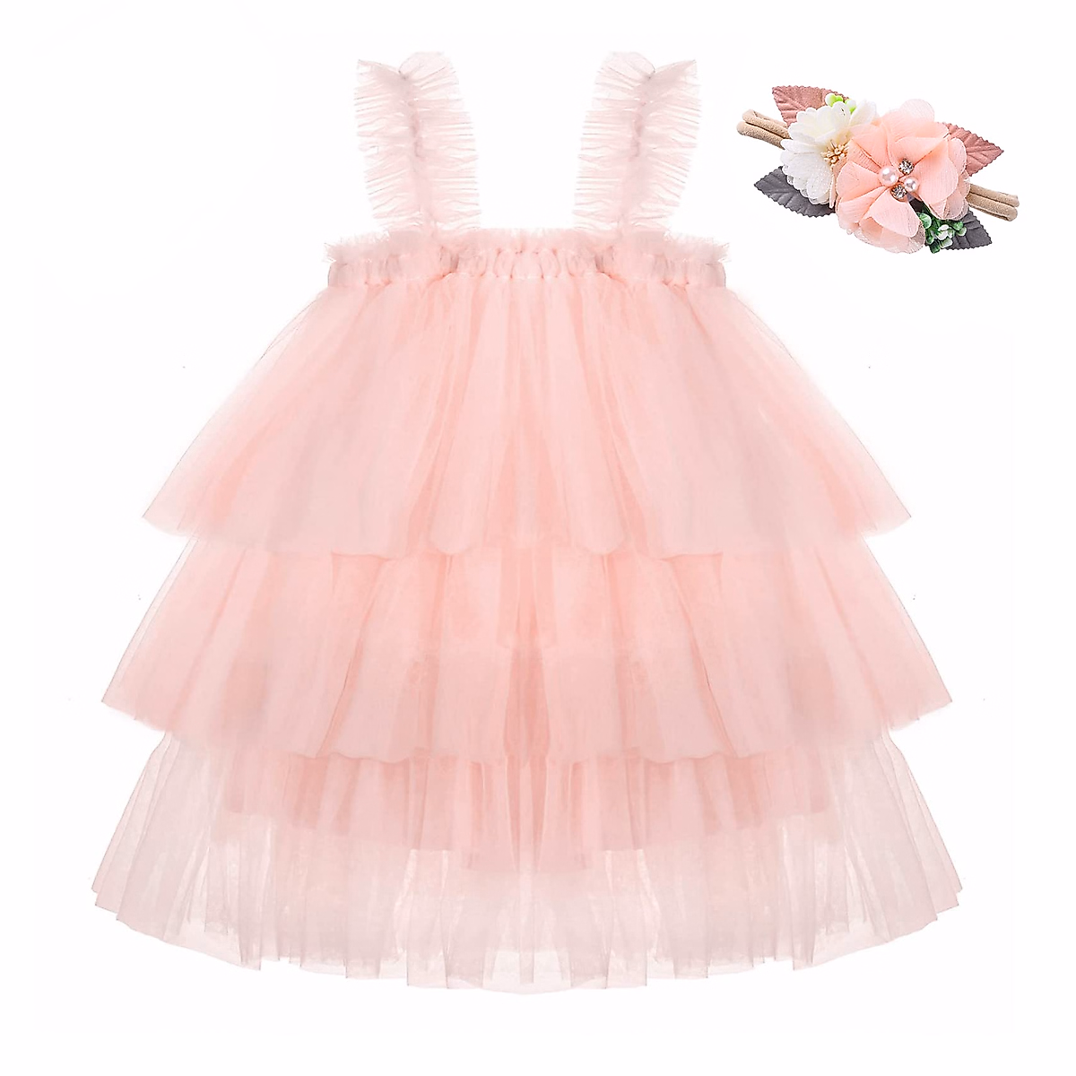 Baby Girls Toddler Tulle Tutu Dress Party Tutus Dresses with Headband Sleeveless Sundress 12 Months Blush Pink