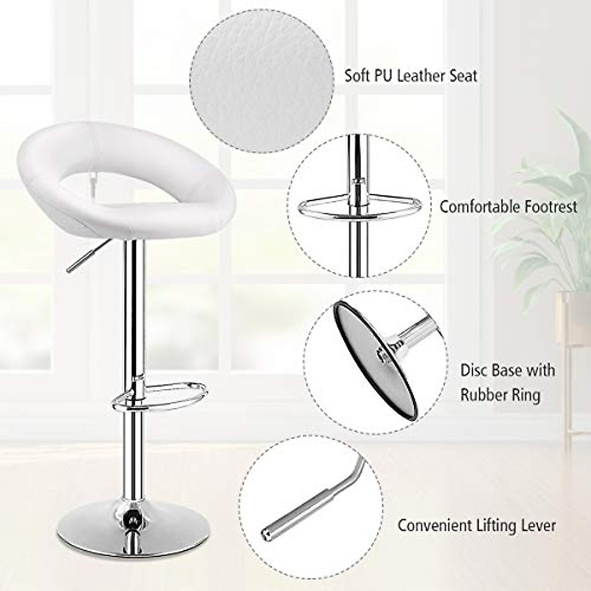 COSTWAY Bar Stools, Set of 2 Modern Swivel Adjustable Barstool, PU Leather Backless Stools, with Chrome Plated Footrest and Base, for Kitchen, Bistro, Pub, White