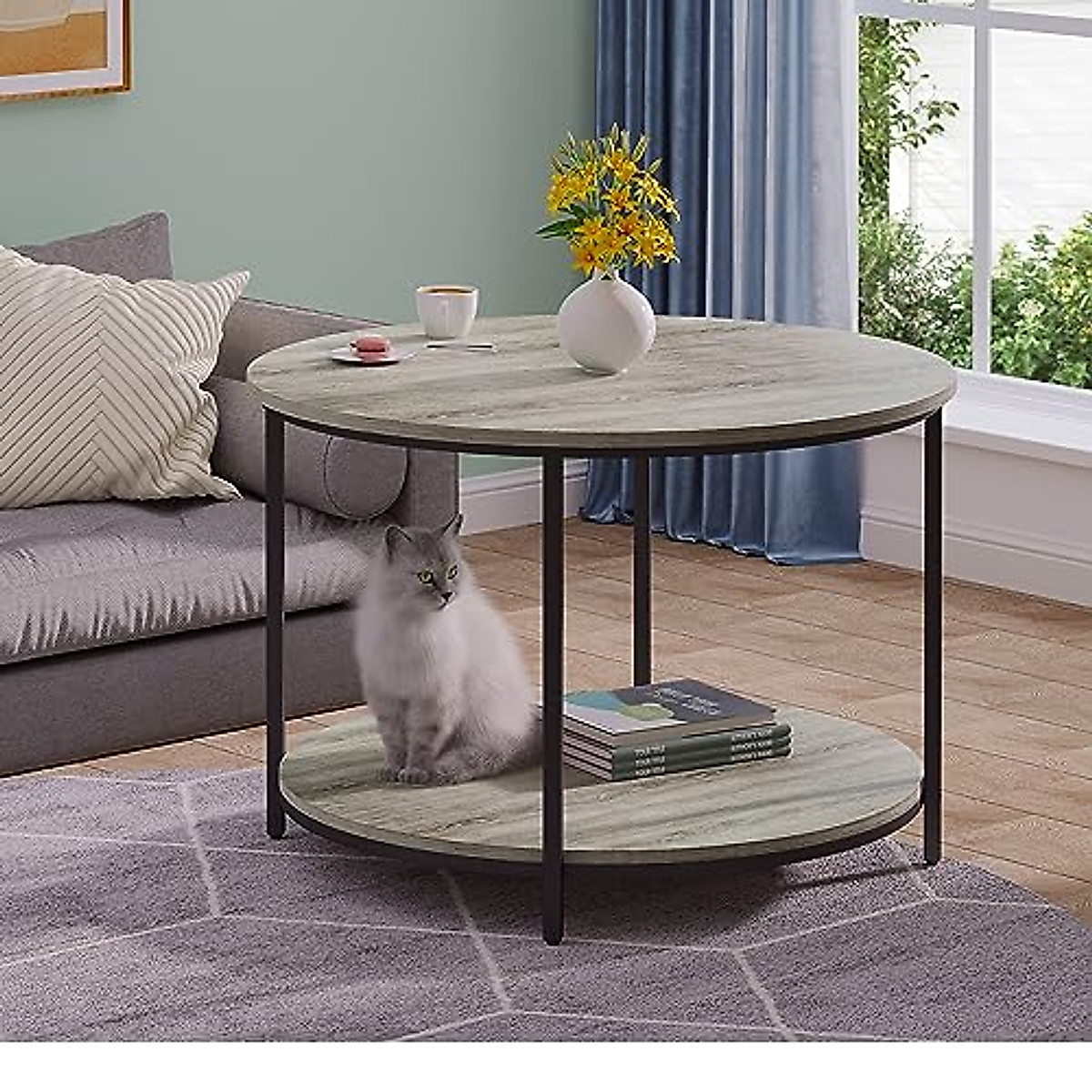FREDEES Wood Round Coffee Table - 31.5" W x 22" H Coffee Table for Living Room, Home Furniture with Wooden Desktop & Sturdy Metal Legs & Storage Shelf