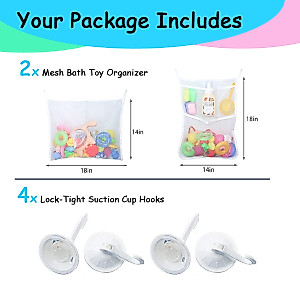 2 PCS Mesh Bathtub Toy Holder Bag, LEEFONE 18 x 14 Inch Bath Toy Organizer, 4 Ultra Strong Hooks, White