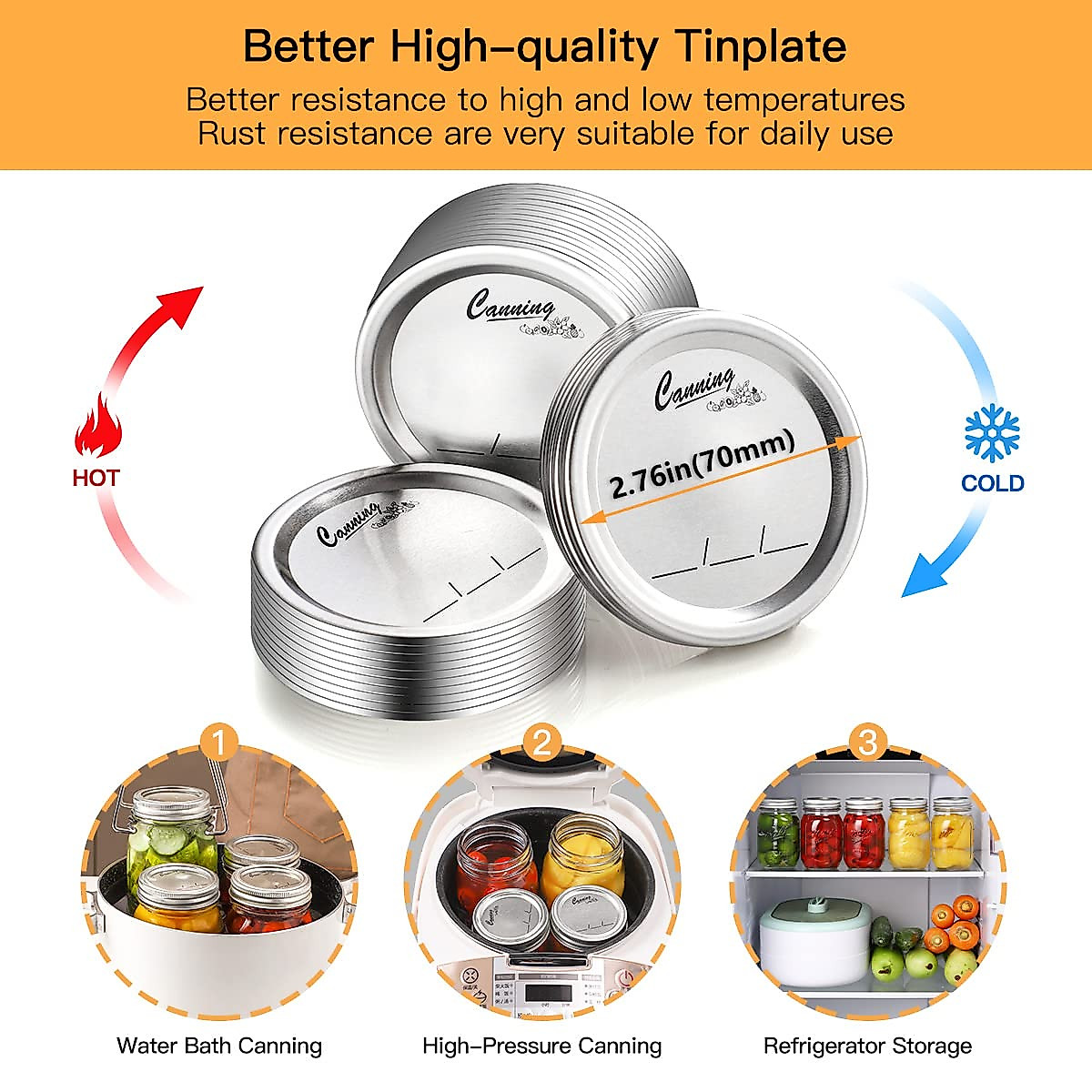 100 Counts Mason Jar Lids Regular Mouth Canning Lids with Leakproof & Airtight Seal Features for Kerr & Ball Jar Lids, Split-Type Metal - Food Grade Material, Silver/70 MM