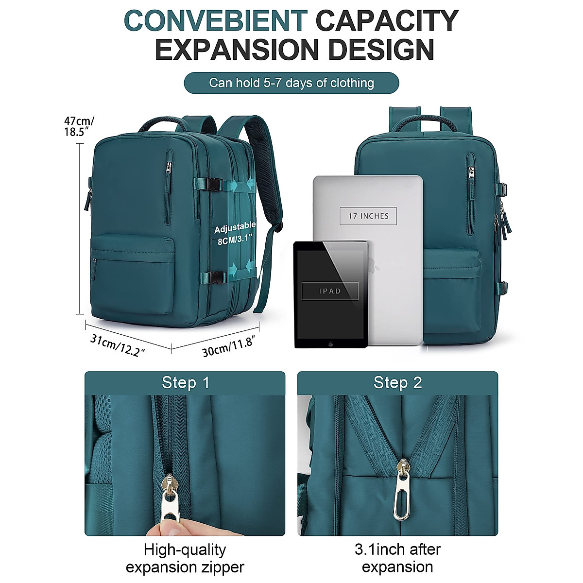 Large Travel Laptop Backpack, Expandable Flight Approved Backpack, Carry on Backpack for Women, Waterproof 17inch Laptop Hiking Backpack with Shoe Compartment, Peacock Blue