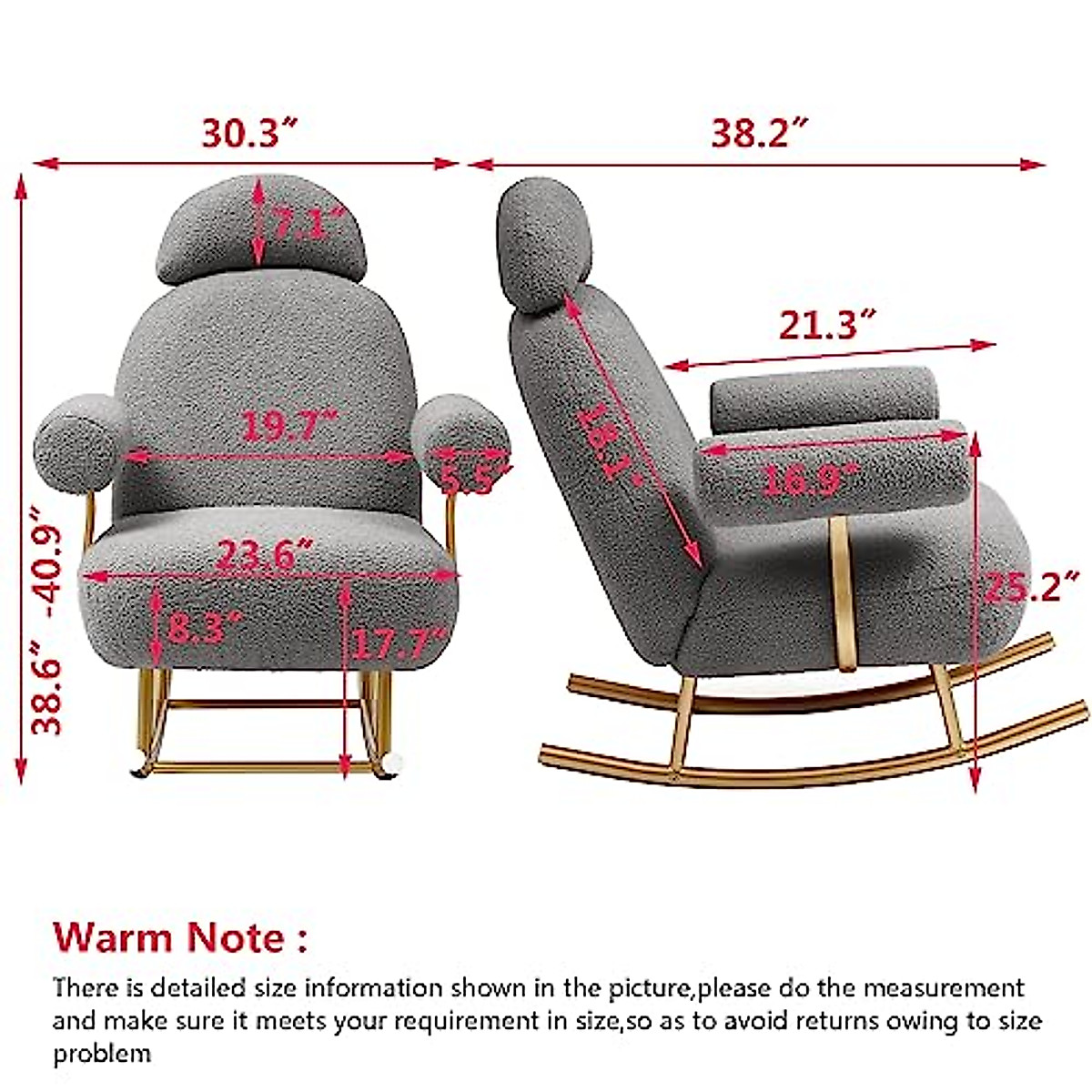 Setawix Teddy Nursery Rocking Chair Modern Faux Sherpa Accent Glider Rocker Chair Soft Boucle Rocking Armchair with Golden Metal Legs,High Back and Arms for Living Room Bedroom (Grey)