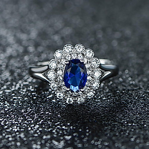 JIANGXIN 925 Sterling Silver Anniversary Ring Princess Diana Royal Engagement Platinum Plated Fine Jewelry for Women Adjustable size 6 7 8 9 (Created Blue Sapphire)