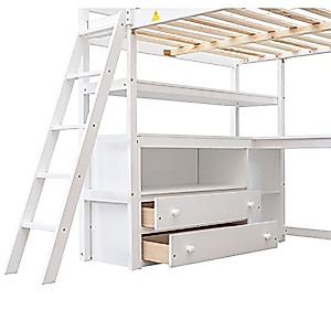 MERITLINE Full Size Loft Bed with Desk and Shelves, Wooden Loft Bed Full with Storage Drawers for Kids Teens Boys Girls,No Box Spring Needed (Full, White)