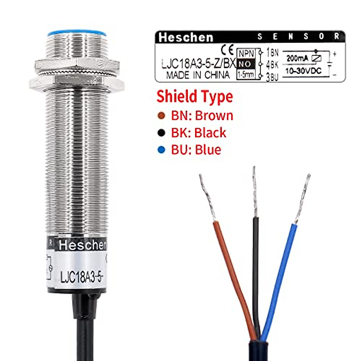 Heschen M18 Capacitive Proximity Sensor Switch Shield Type LJC18A3-5-Z/BX Detection 5mm 10-30VDC 200mA NPN Normally Open(NO) 3 Wires