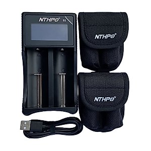 NTHPO S2 One Speedy Charger with Two Battery Storage Bags, LCD Display Intelligent Charger for Rechargeable Li-ion 26650 22650 18650 18490 18350 4500 RCR123, Ni-MH A AA AAA Batteries