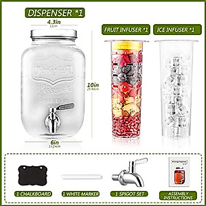 1 Gallon Drink Dispenser with Spigot 18/8 Stainless Steel – Airtight & Leakproof Glass Sun Tea Jar with Anti-Rust Lid, Beverage Dispenser for Parties – Include Ice Cylinder and Fruit Infuser