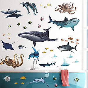 Removable 3D Removable Under The Sea Fish Wall Sticker DIY Ocean Animals Wall Decals Whale, Shark, Squid Wall Decor Peel and Stick Art for Kids Room Baby Bedroom Nursery Boy and Girls