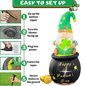 Buheco St Patricks Day Inflatables Outdoor Decorations 5ft Large Cute Blow Up Leprechaun Inflatable Gnome Sitting on Gold Pot Shamrocks Led Lights Saint Irish Outside Yard Lawn Indoor Vacation Décor