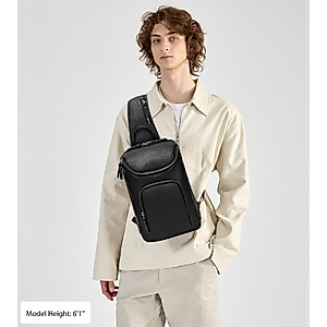 LANNSYNE Men's Vintage Full Grain Leather Sling Bag, Crossbody Chest Daypack fits 10.5" iPad, Black