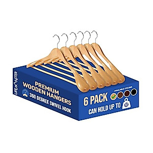Lifemaster Solid Wooden Hanger Set - 6 Pieces Non-Slip Versatile Closet Space-Saving Hanger Set for Suit, Coat, Camisole, Jacket, Pants, and Dresses with 360° Swivel Hook - Natural Color