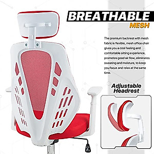 MoNiBloom Home Office Mesh Seat Chair with Headrest and Wheels, Rolling Swivel Computer Chair with T Shape Armrest for Adults, Red