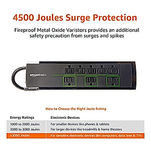 Amazon Basics 8-Outlet Power Strip Surge Protector, 4,500 Joule - 6-Foot Cord, Black/Green