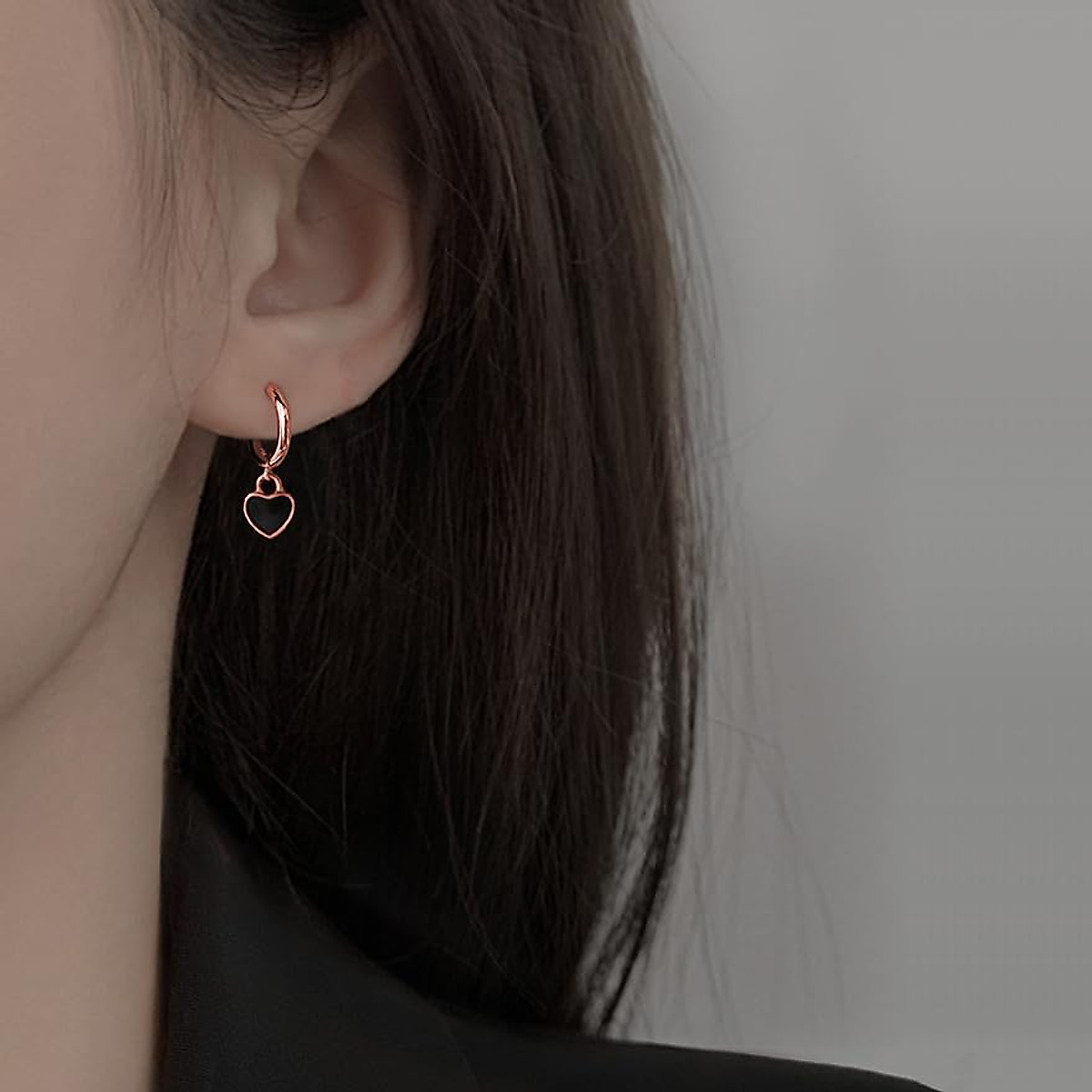 SLUYNZ 925 Sterling Silver Black Heart Hoop Earrings for Women 1.4CM Heart Hoop Dangle Earrings (C-Rose Gold)