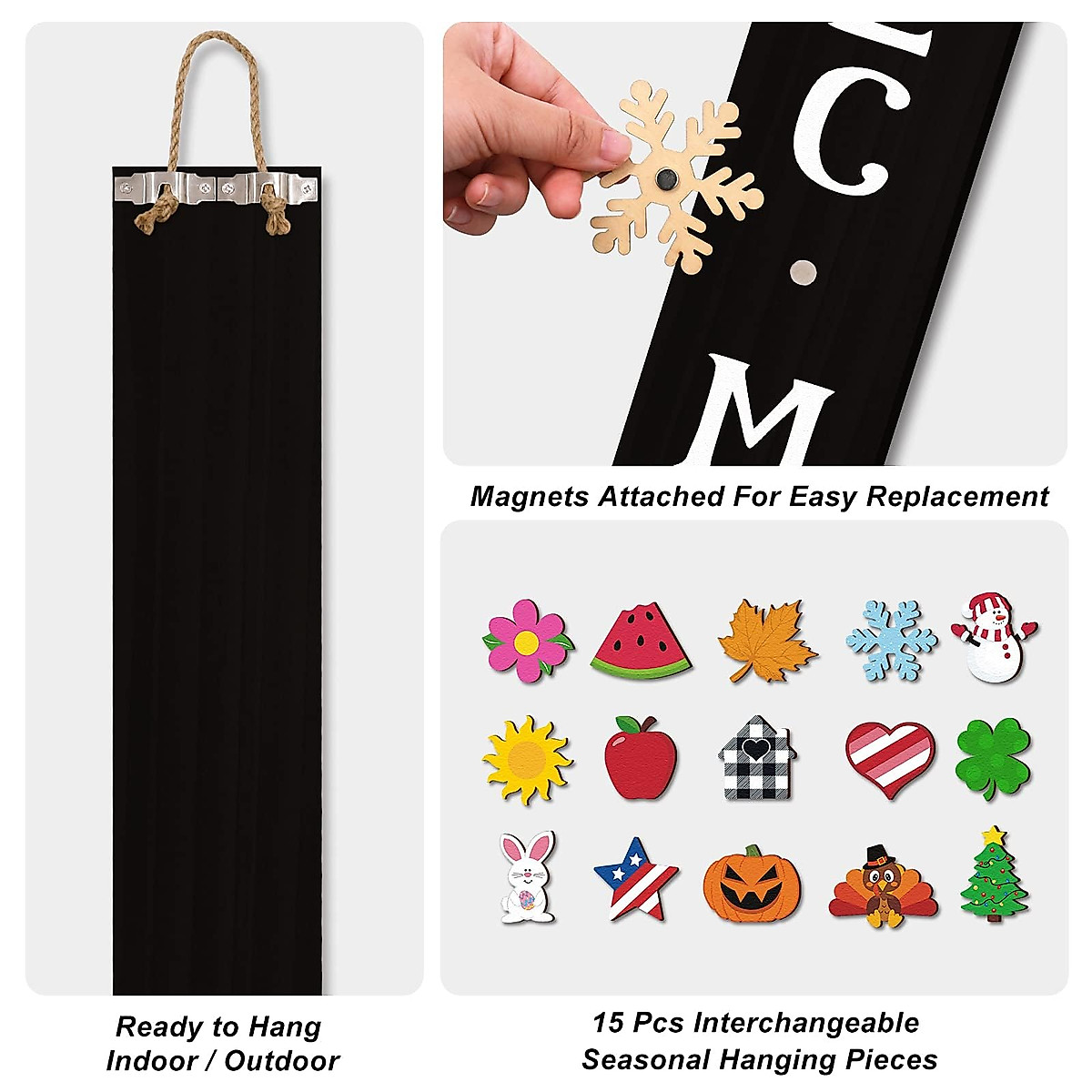 Interchangeable Holiday Mini Welcome Door Sign Wooden Indoor Outdoor Hanger with 15 Pcs Seasonal Replaceable Ornaments Rustic Farmhouse Porch Sign Home Decoration Ideas Black