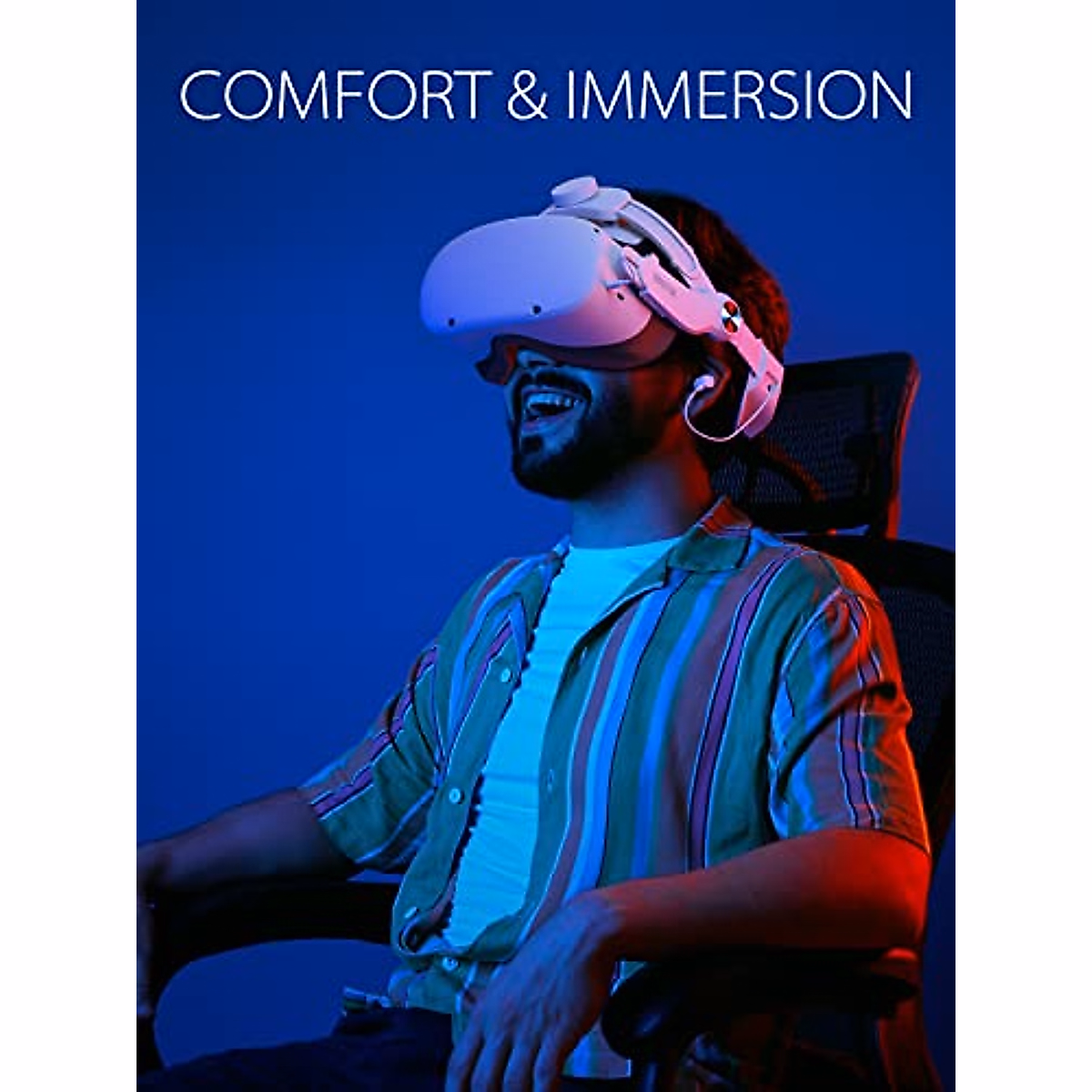 DESTEK QH1 Face Pressure-Free Head Strap, Compatible with Meta/Oculus Quest 2 | Includes Retractable Headphones, VR Accessories for Comfort Play