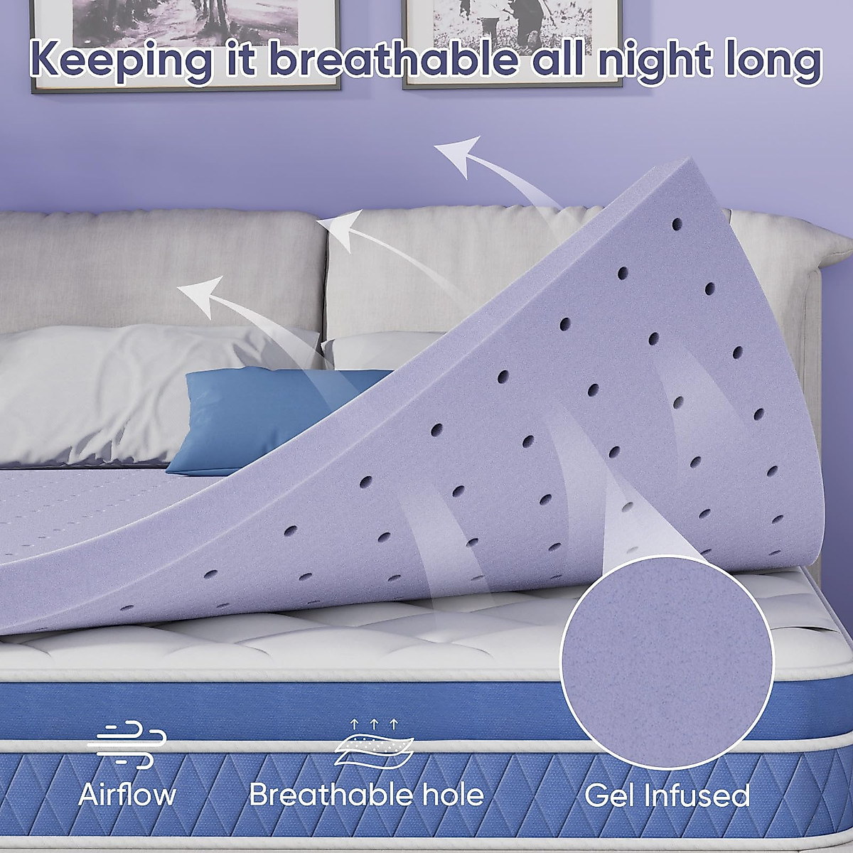 BedsPick 2 Inch Gel Infused Memory Foam Mattress Topper, Twin XL, Ventilated and Breathable, Purple