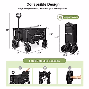 LUXCOL Collapsible Folding Wagon, Heavy Duty Utility Beach Wagon Cart for Sand with Big Wheels, Adjustable Handle&Drink Holders for Shopping, Camping,Garden and Outdoor