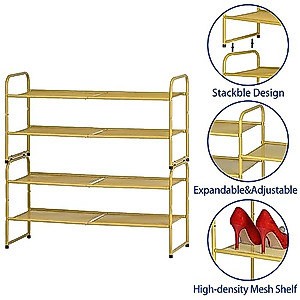 SUFAUY 2-Tier Shoe Rack, Stackable Shoe Shelf Storage Organizer for Entryway Closet, Metal Mesh, Gold