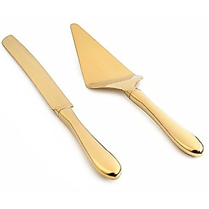 Gold Stainless Steel Cake Serving Set - Cake Knife and Server - Cake Serving Set With Serrated Blade for Easier Cutting - Holidays, Birthdays, Wedding, Anniversary