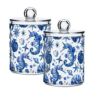 2 Pack Qtip Holder Dispenser with Lids,Blue Watercolor Seahorses Plastic Storage Containers,Bathroom Canisters Organizer for Cotton Ball,Cotton Swab,Cotton Round Pads,Floss 21219985