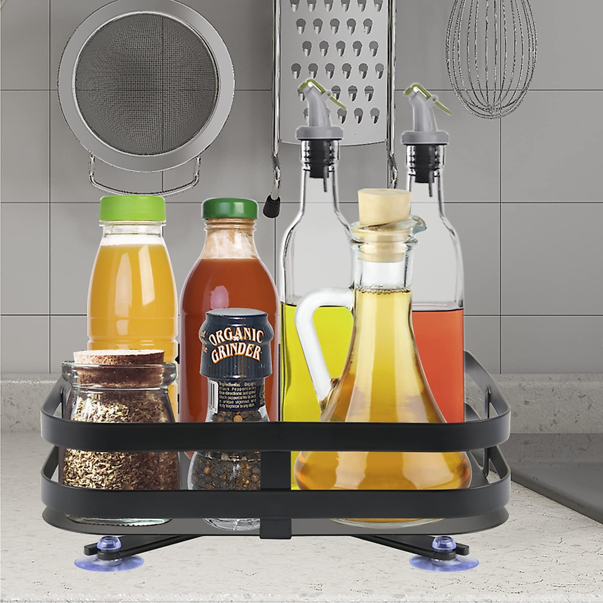 9" Square Steel Lazy Susan Rotating Turntable Food Storage Container Tray for Kitchen Cabinet Pantry Fridge Cupboards Counter Organizing, Fully Rotating Organizer for Spices, Condiments, Makeup