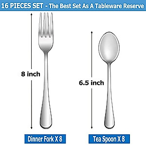 16 Pcs Forks and Spoons Silverware Set,Food Grade Stainless Steel Flatware Cutlery Set for Home,Kitchen and Restaurant,Mirror Polished,Dishwasher Safe - 8 Dinner Fork(8 inch) and 8 Teaspoon(6.5 inch)