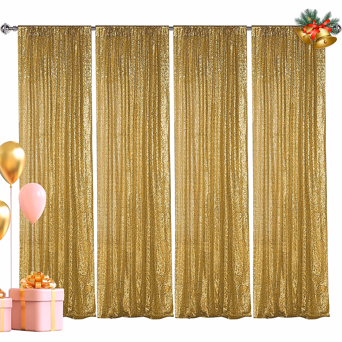 Hahuho Gold Sequin Backdrop Curtain, 4PCS 2FTx8FT Glitter Backdrop Curtain for Parties, Christmas, Wedding, Party Decoration（4 Panels, 2FT x 8FT, Gold