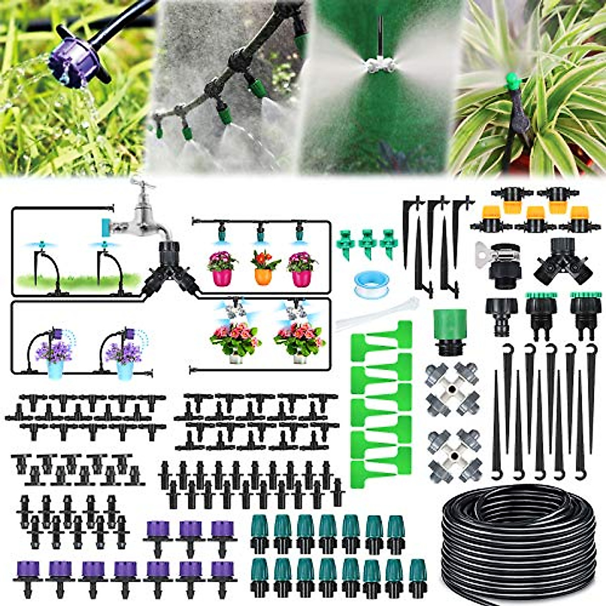 40m/132ft Irrigation Hose, 163Pcs Garden Irrigation System Micro Drip Irrigation Kit with Y Hose Splitter & 4 Types Nozzles & 5 Tubing Valves, DIY Auto Plant Watering Kit Misting Cooling System