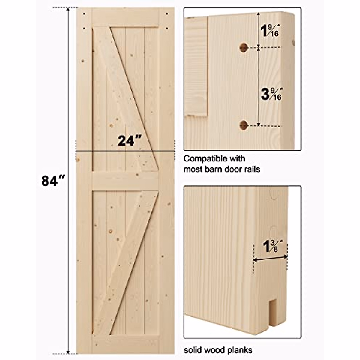 WINSOON 24in x 84 in Sliding Barn Door Interior Paneled Slab, DIY Unfinished Barn Doors Solid Spruce Wood, K Frame Planks, Pre-Drilled, Bottom Grooved, Easy to Install, Natural…