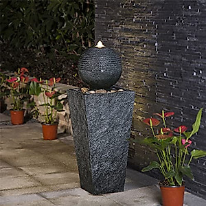 Glitzhome Patio Fountain Waterfall with LED Light Decorative Outdoor Fountain Pedestal Water Fountain with Submersible Pump Vintage Garden Waterfall Decor for Garden Patio Deck Porch, 31.69”H