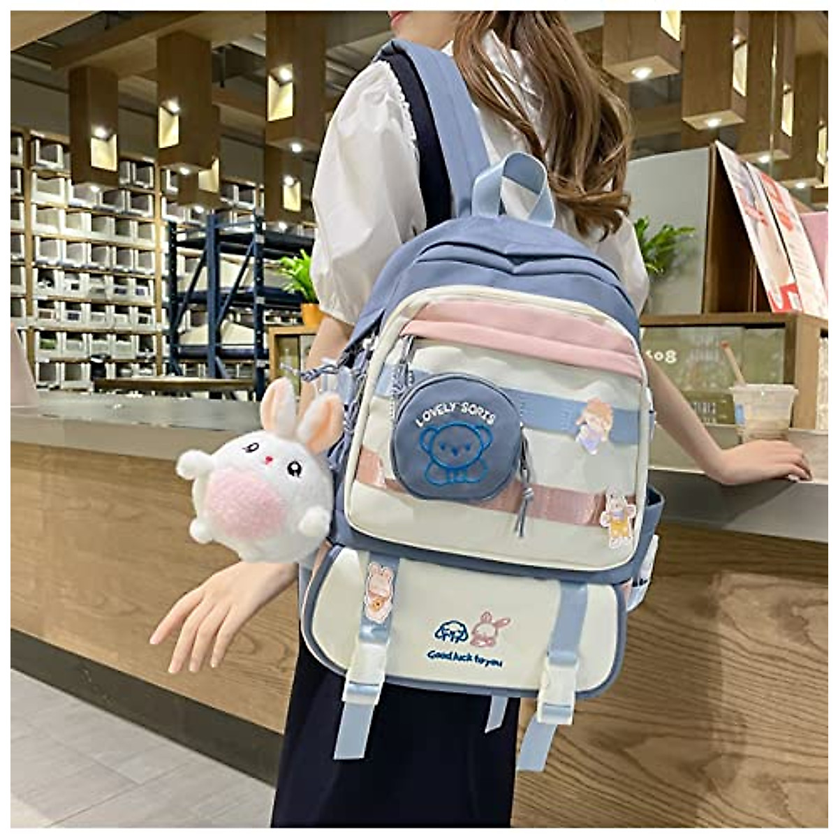 ZFOFLIK Kawaii Backpack with Cute Pin and Accessories Japanese Backpack for School Bags for Girls Bookbags for Women-blue