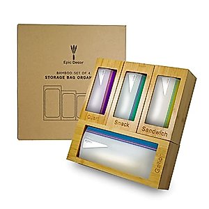 Epic Decor Bamboo Ziplock Bag Storage organizer - 4 Separate Food Storage Bag Organizer - Baggie Dispenser Food Storage Bag Holder Compatible With All Brand Bags