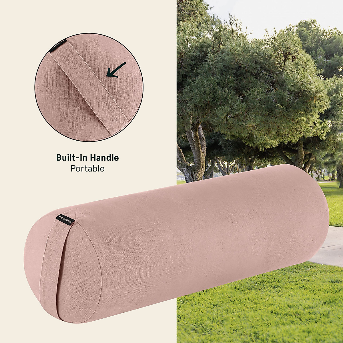 Retrospec Sequoia Yoga Bolster Pillow - Meditation Cushion for Yoga Practices - Includes Machine Washable 100% Cotton Cover & Durable Carry Handle; Round, Blush