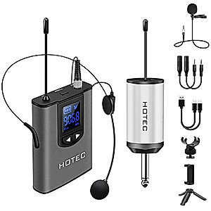 HOTEC UHF Wireless Headset Microphone/Lavalier Lapel Mic with Bodypack Transmitter and Mini Rechargeable Receiver 1/4" Output for Vlogging or Speech