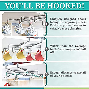 Mug Hooks Under Cabinet 8 Hooks Cabinet Max Thickness 0.78" Steel Wire Coffee Mug Hangers Utensil or Towel Hook Under Shelf Mug Holder with Stronger Grip Adhesive, Cup Rack Organizer for Kitchen, RV